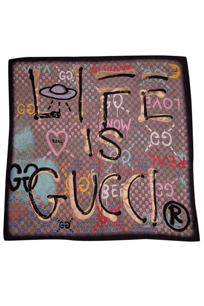 Gucci - Beige & Black Monogram Print w/ Spray Paint Style Detail Scarf ...