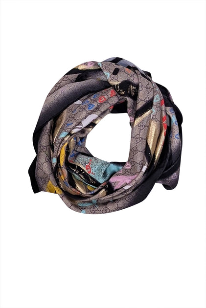 Gucci - Beige & Black Monogram Print w/ Spray Paint Style Detail Scarf