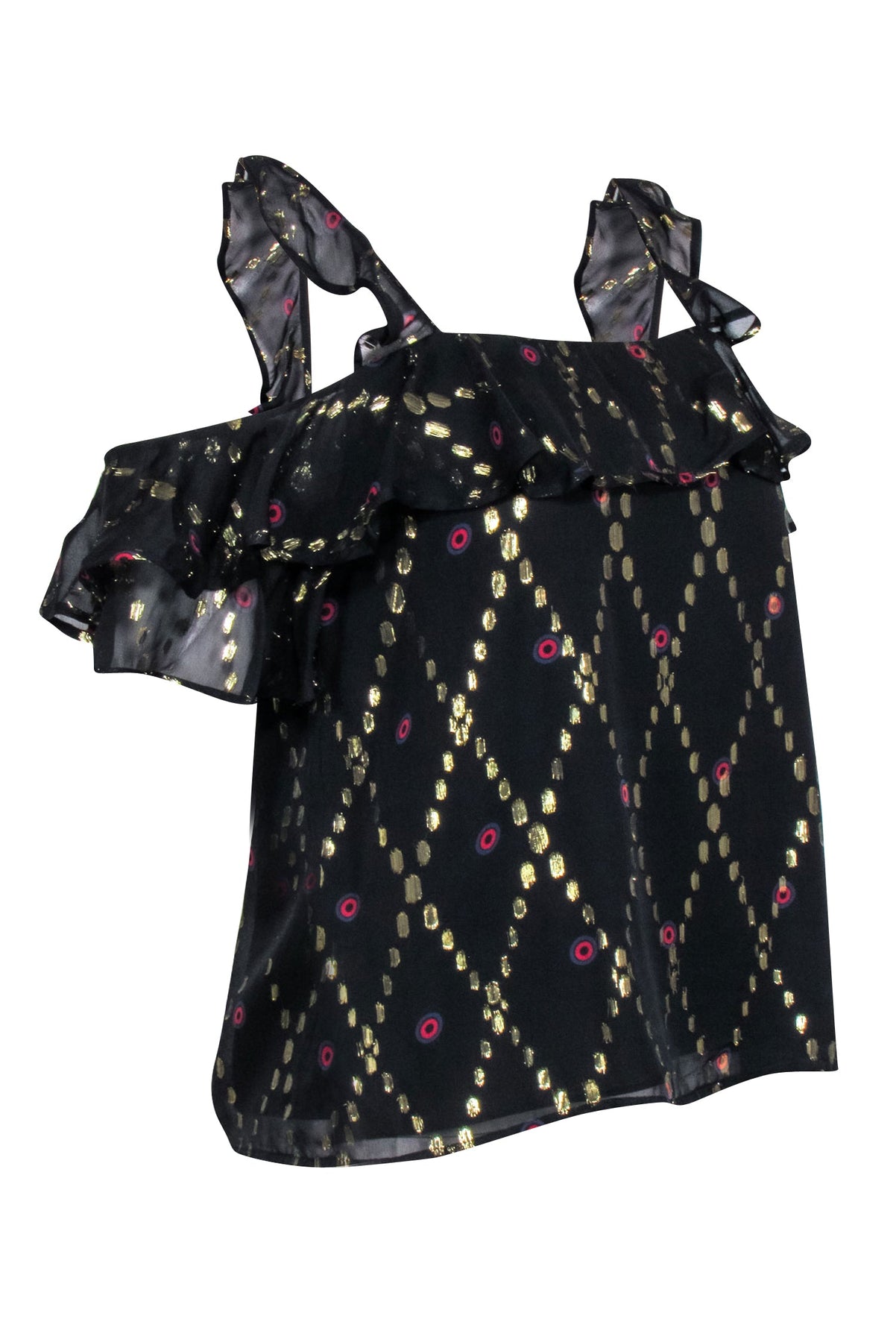 A.L.C. - Black Metallic Fleck Silk Cold Shoulder Ruffle Blouse Sz 4 ...