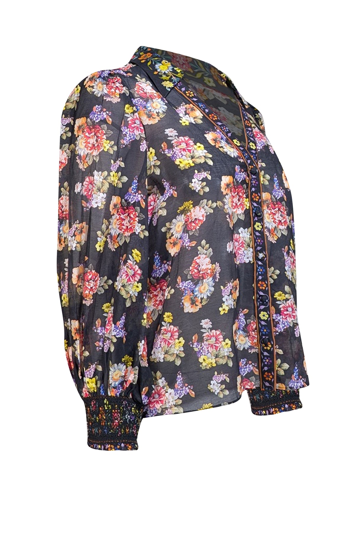 Alice & Olivia - Black & Multicolor Floral Print Cotton & Silk Blend ...