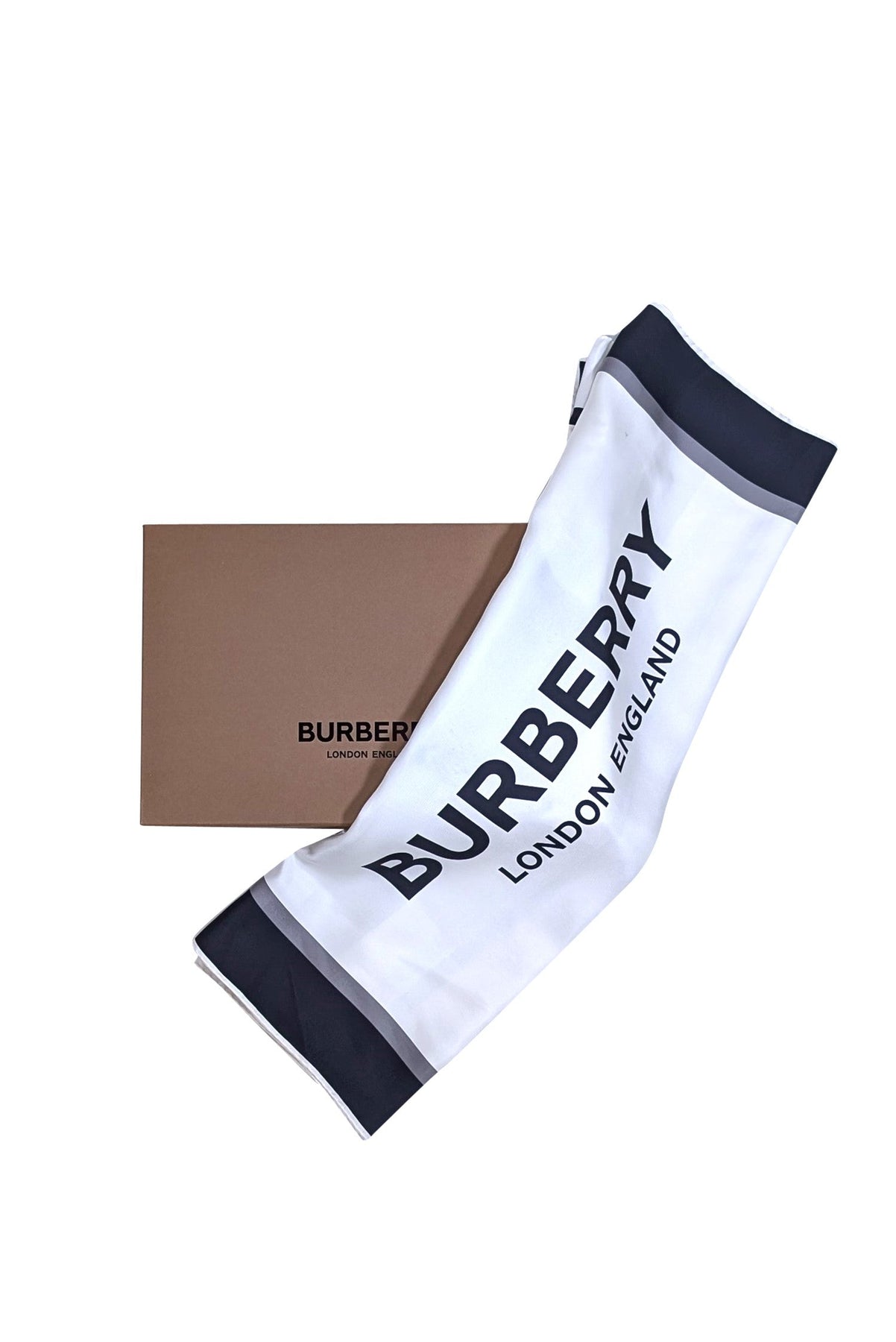 Burberry - Ivory Silk Scarf w/ Logo Font & Horse Face Print Scarf ...
