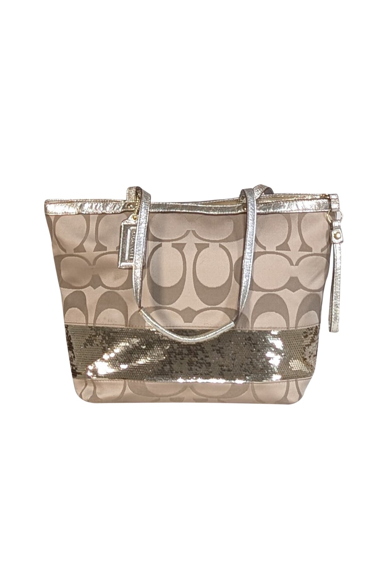 Coach - Beige Satin Monogram Sequin Trim Small Tote Bag | Current Boutique