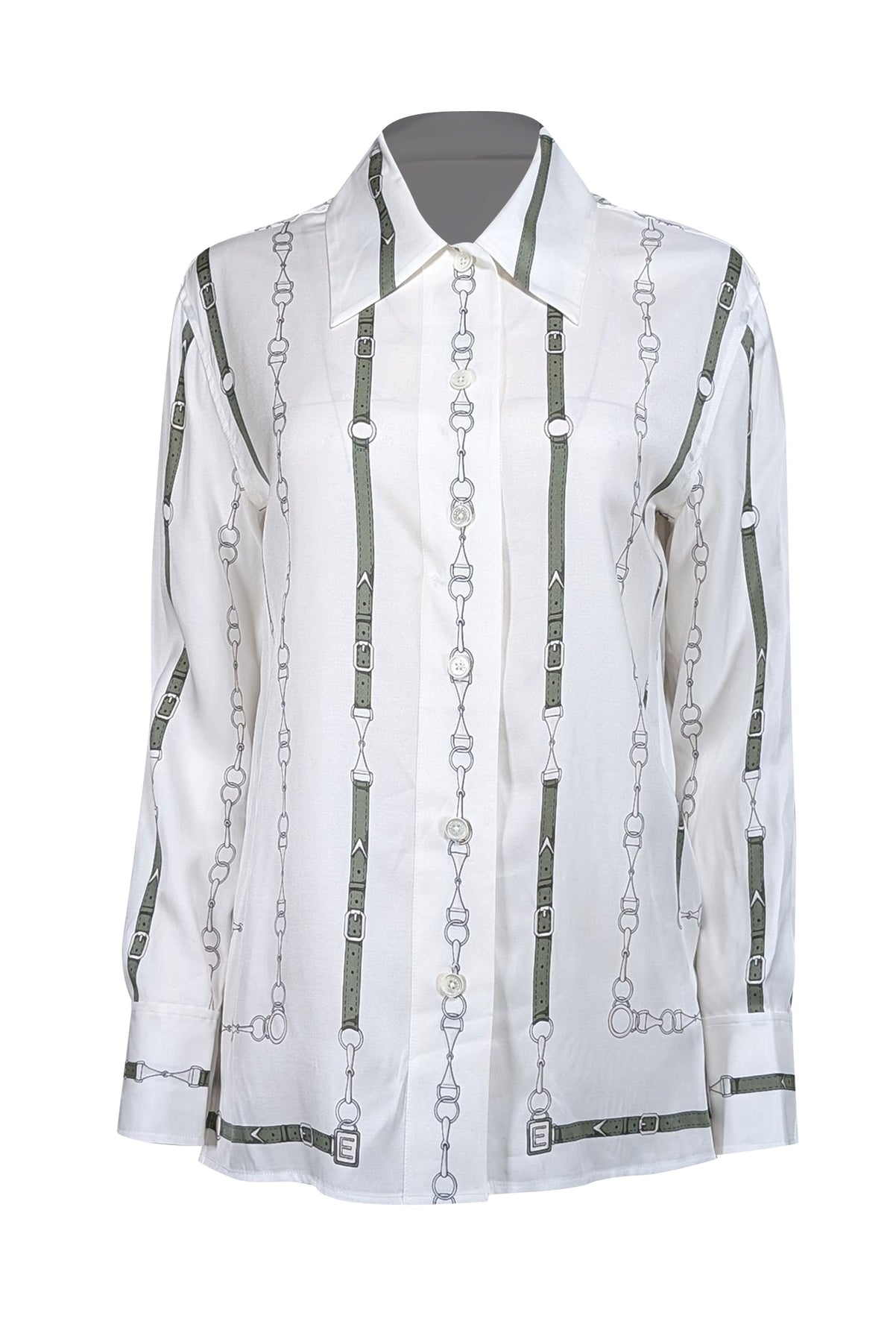 Equipment - White w/ Green Belt & Chain Print Silk Blend Blouse Sz S