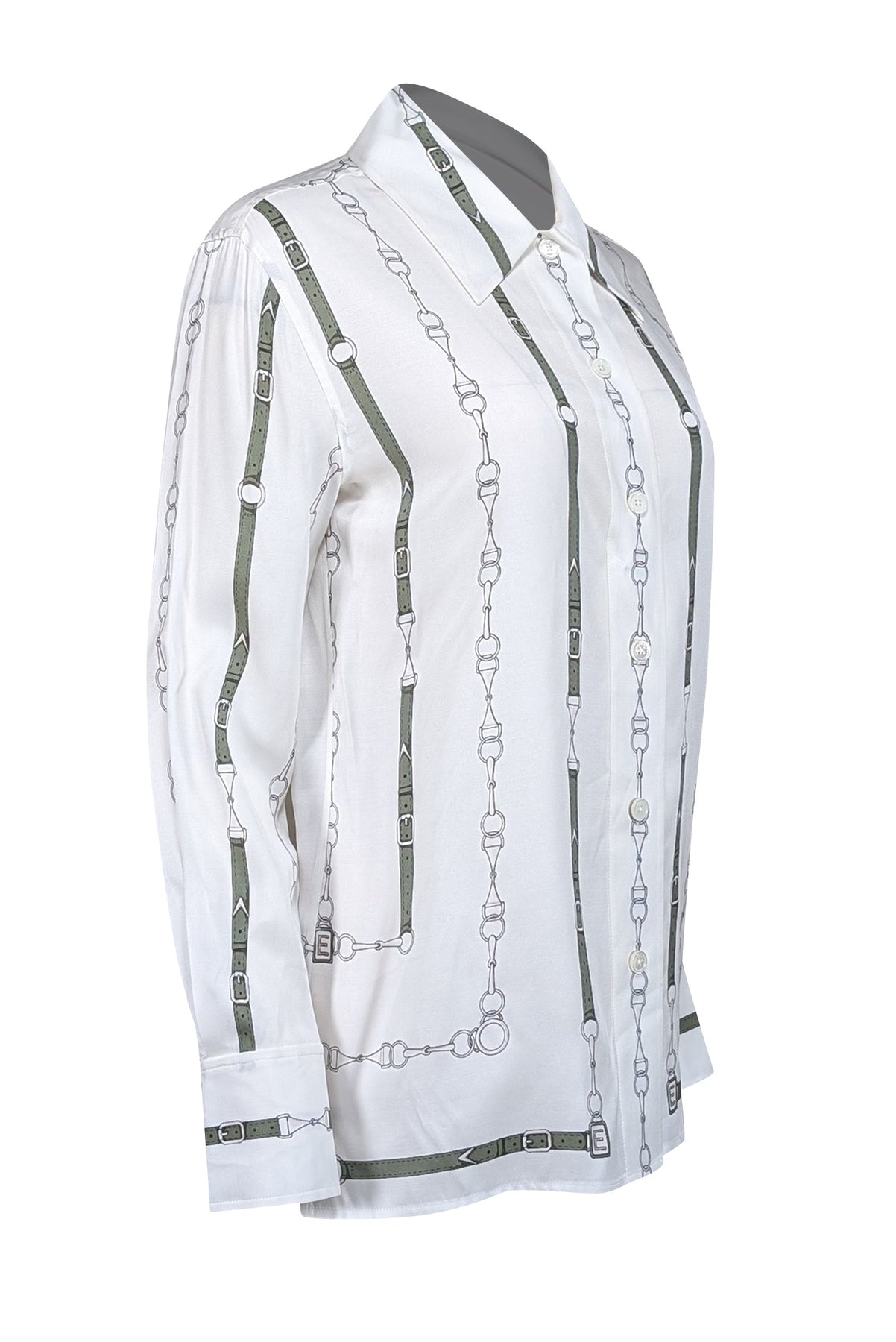 Equipment - White w/ Green Belt & Chain Print Silk Blend Blouse Sz S