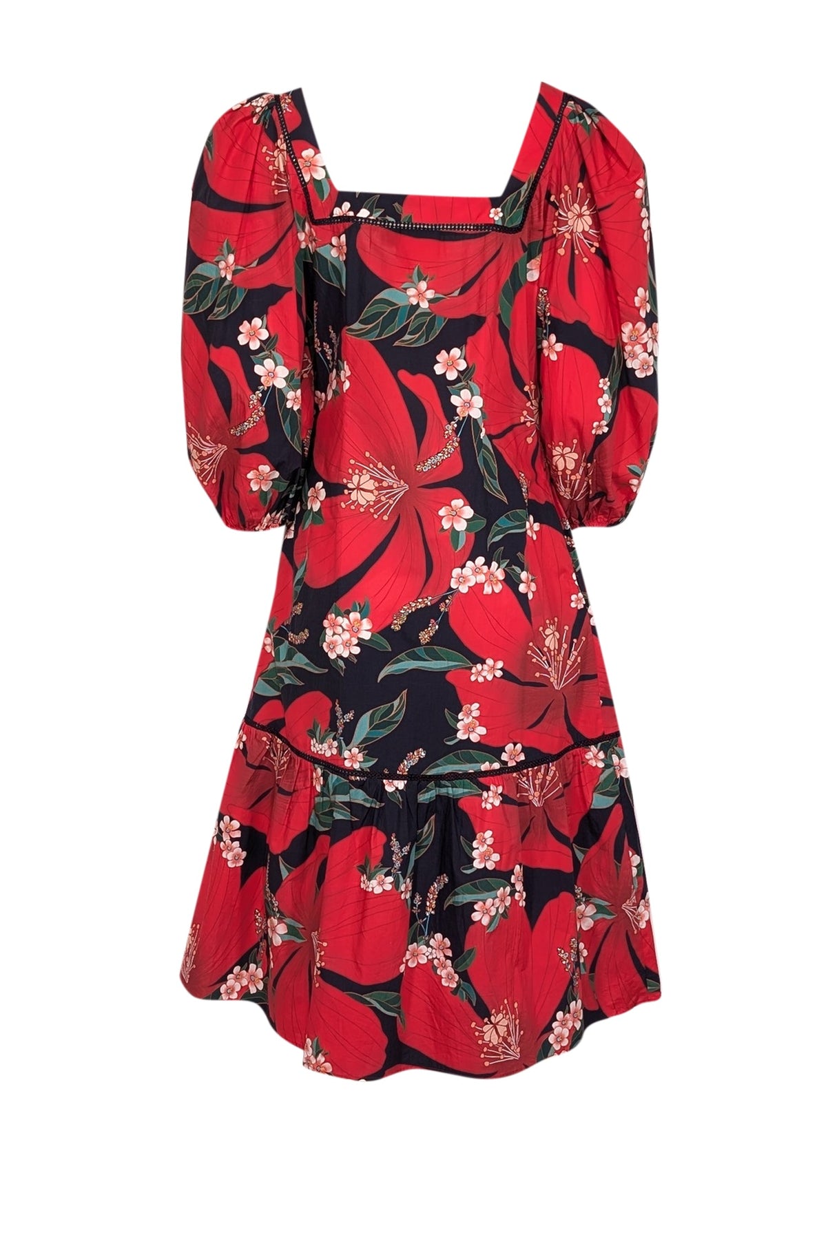 Farm Rio - Red, Navy & Green Floral Print Cotton Midi Dress Sz S