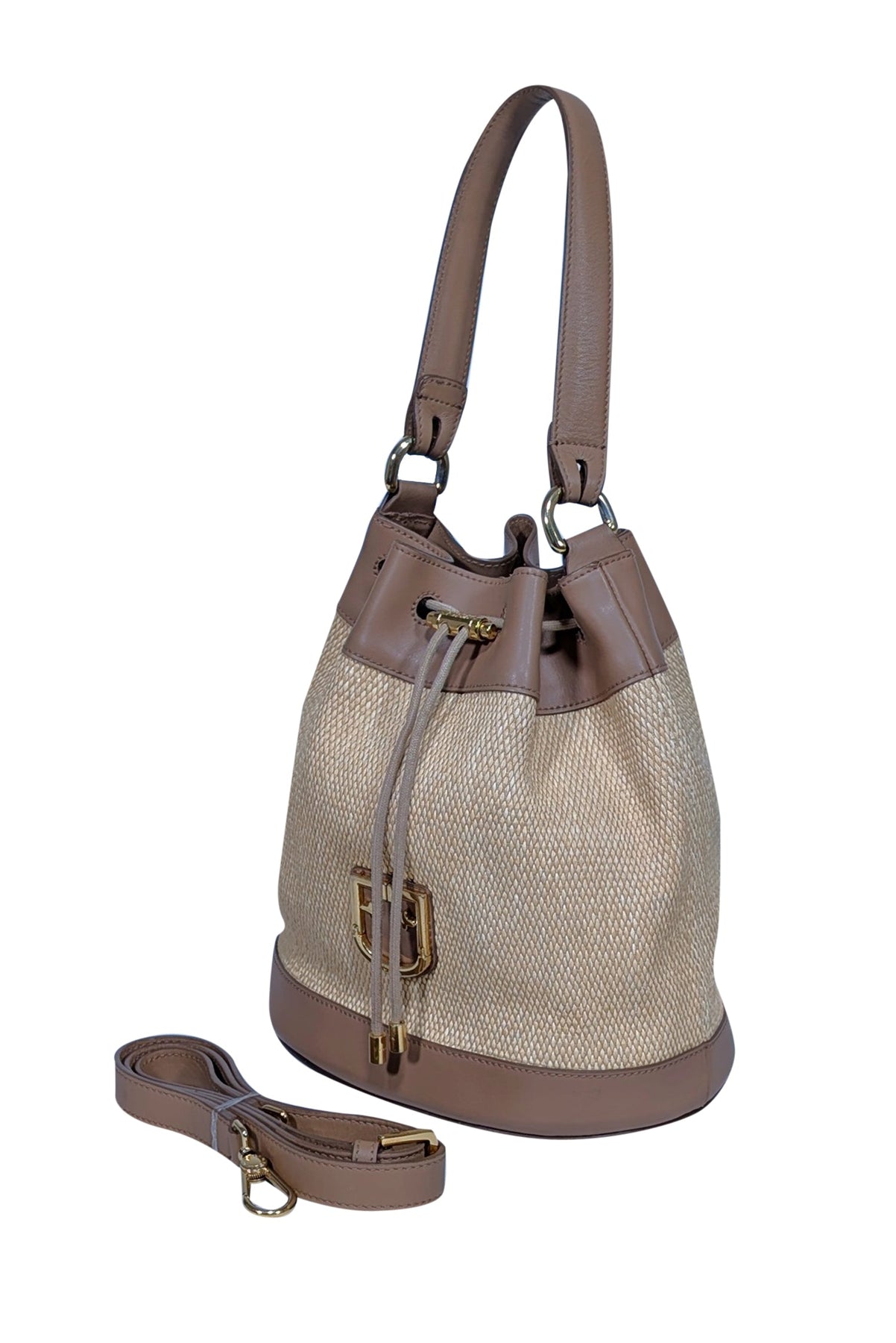 Furla - Beige Raffia Bucket Bag w/ Genuine Leather Trims | Current Boutique