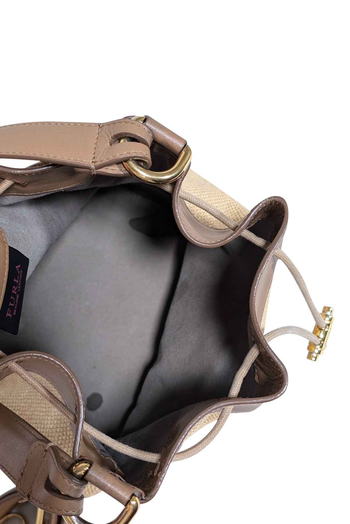 Furla - Beige Raffia Bucket Bag w/ Genuine Leather Trims | Current Boutique