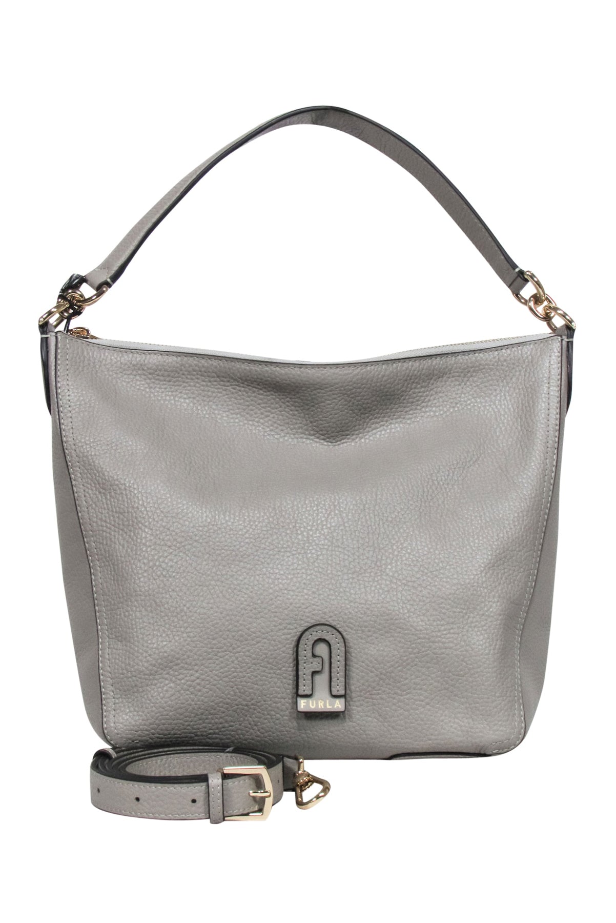 Furla - Light Grey Pebbled Leather Shoulder Bag | Current Boutique