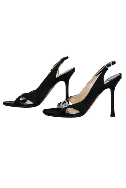 Jimmy Choo - Black Satin Jeweled Open-Toe Pumps Sz 7 | Current Boutique