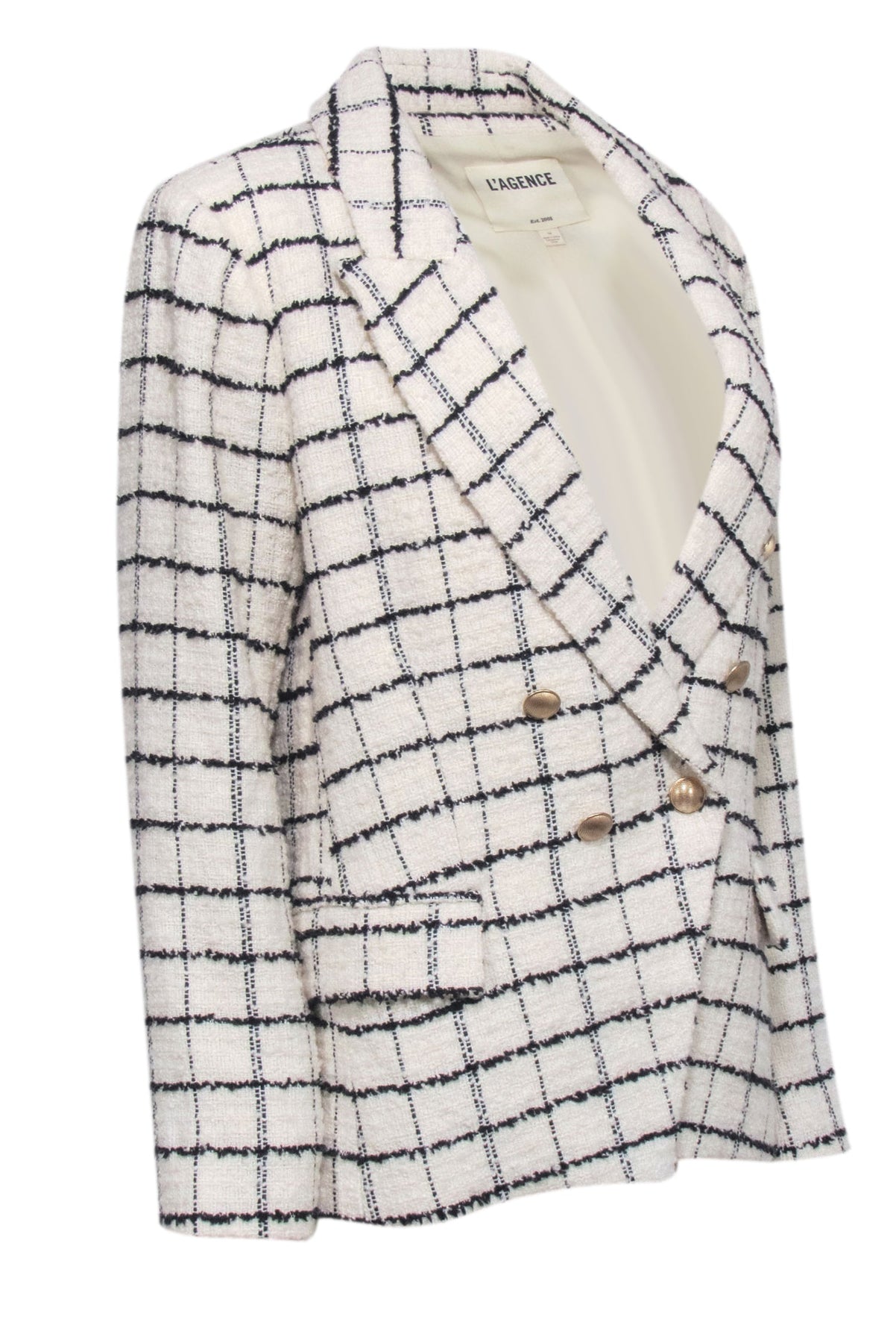L'Agence - Ivory & Black Plaid Tweed Double Breasted Button Blazer Sz ...