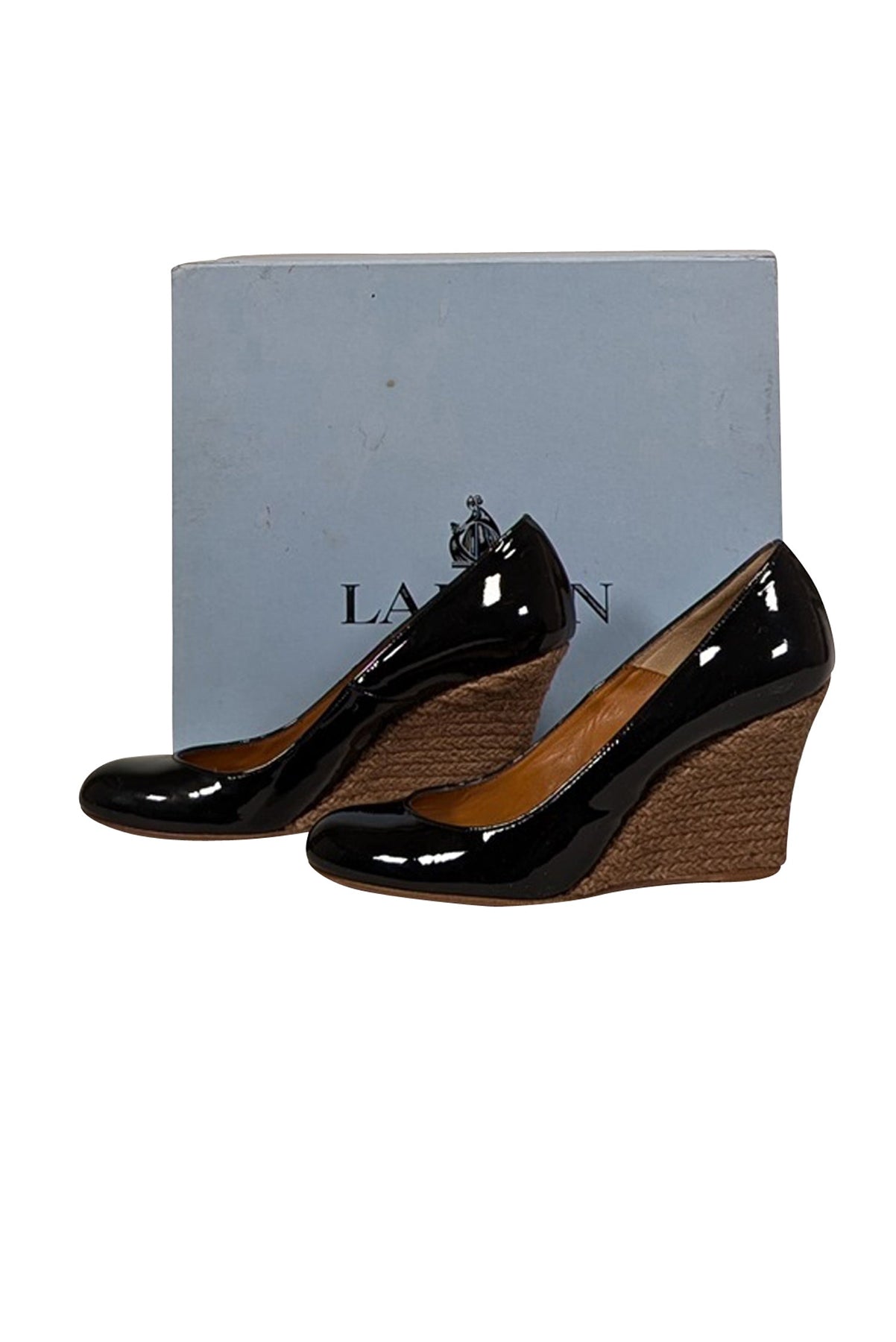 Lanvin - Black Patent Leather Espadrille Wedges Sz 8 | Current Boutique