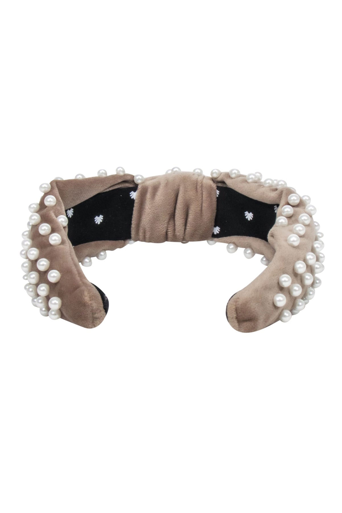 Lele Sadoughi - Beige Velvet Headband w/ Pearl Accents