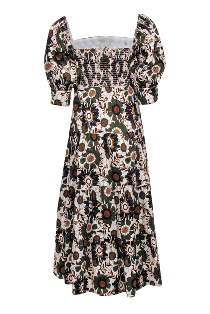 o.p.t - Ivory w/ Olive, Black, & Orange Floral Detail Mid Maxi Dress S