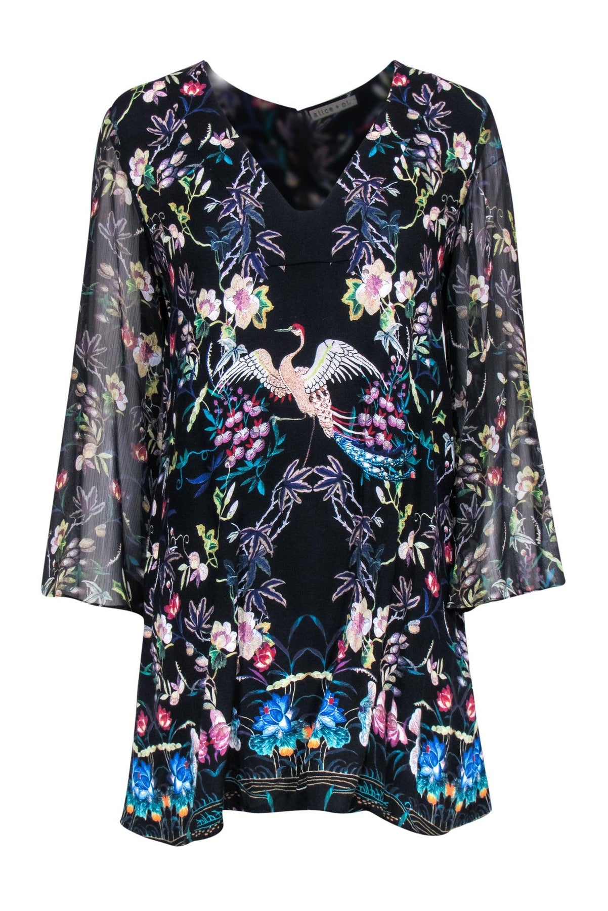 Alice & Olivia - Black, Teal & Purple Floral Print w/ Sheer Sleeves Sz ...