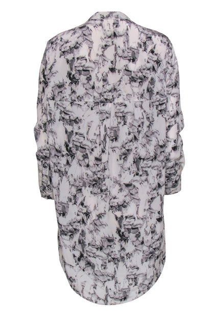 All Saints - Ivory, Grey & Pink Floral Print Button-Up Silk Shirtdress ...