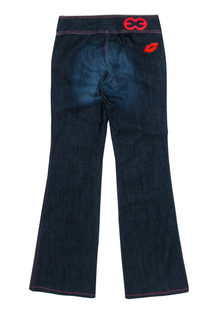 Escada - Dark Wash Flared Jeans w/ Lip & Logo Embroidery & Patches Sz 4 ...