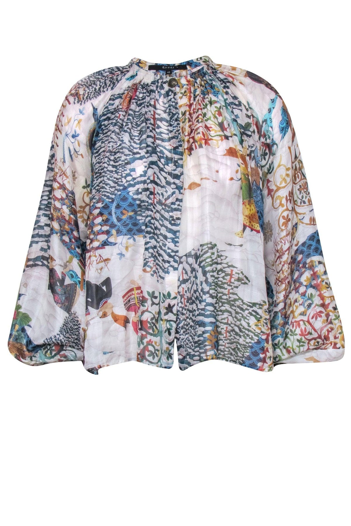 Gucci - Ivory & Multicolor Print Silk Button Front Shirt Sz 6