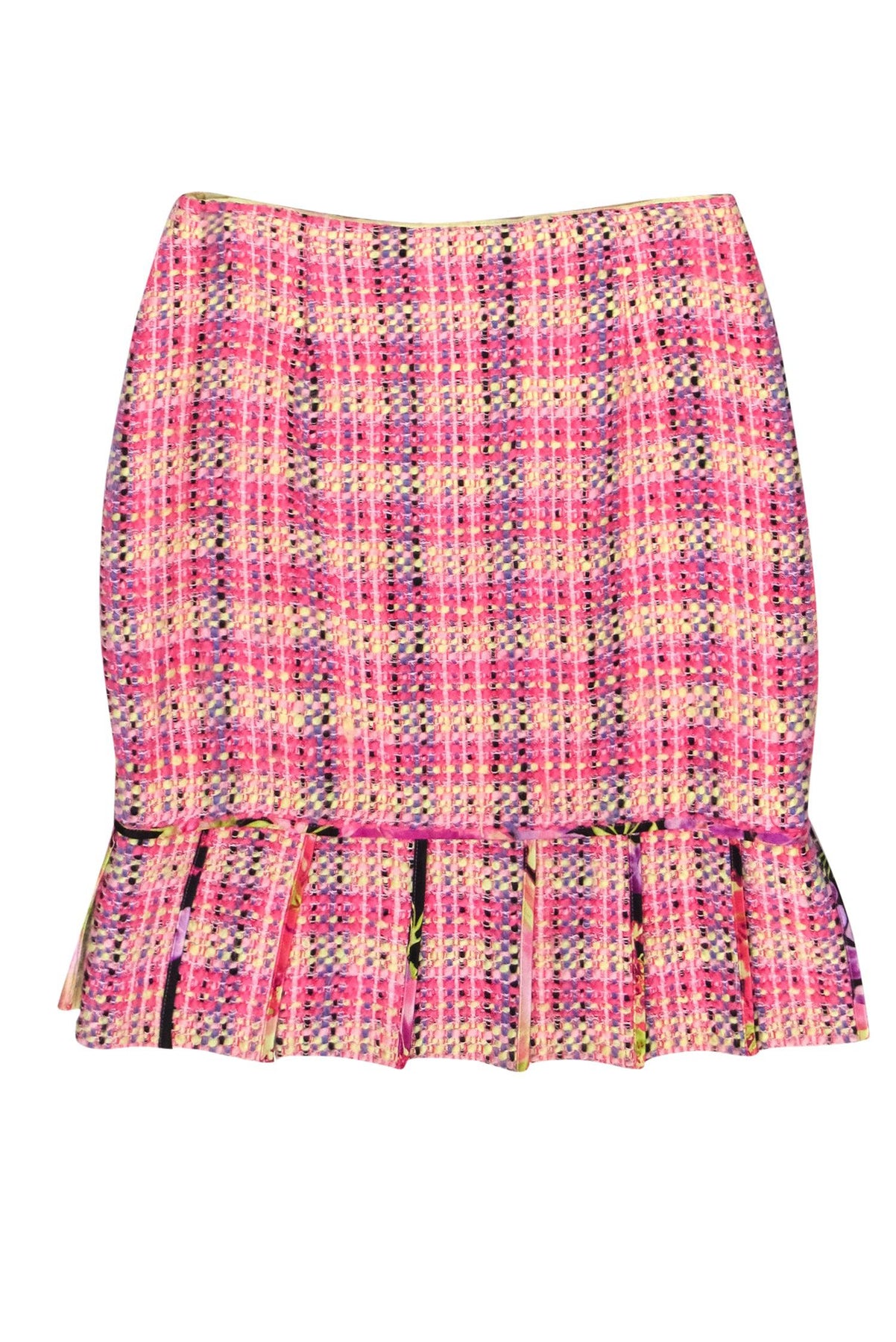Kay Unger - Pink & Yellow Plaid Woven Tweed Skirt w/ Pleated Hem Sz 4 ...
