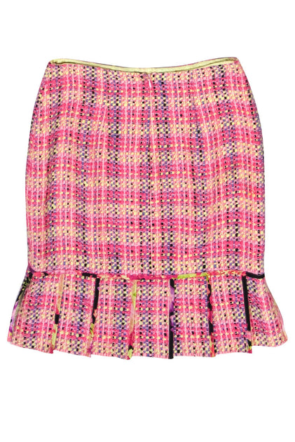 Kay Unger - Pink & Yellow Plaid Woven Tweed Skirt w/ Pleated Hem Sz 4 ...